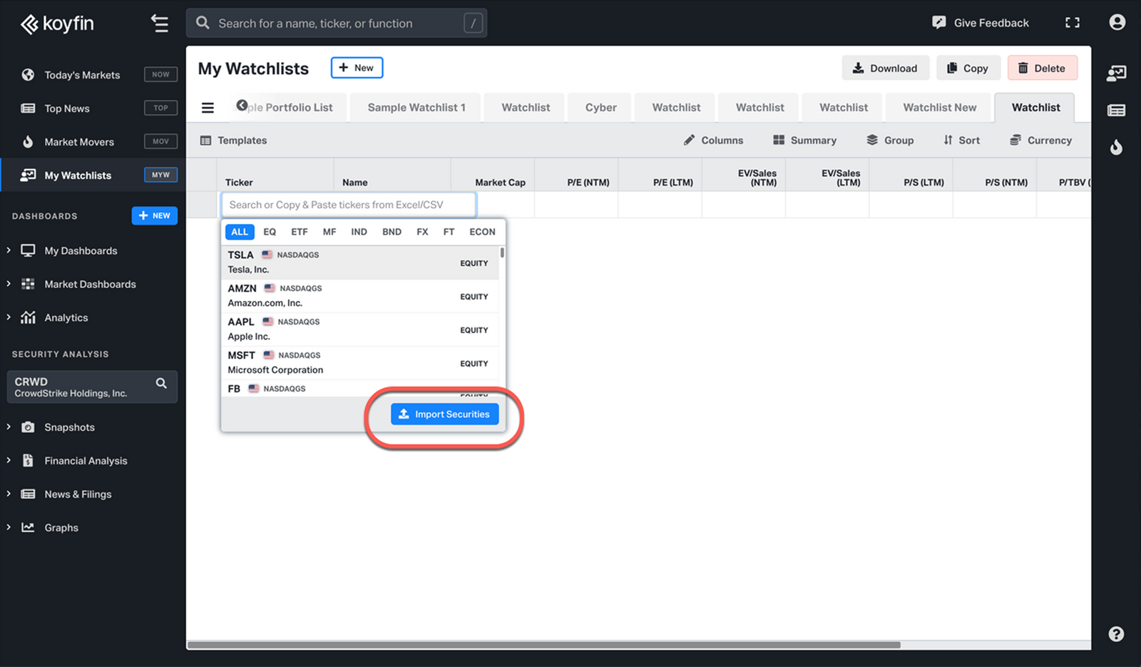 MyWatchlists (MYW) Function | Koyfin.com